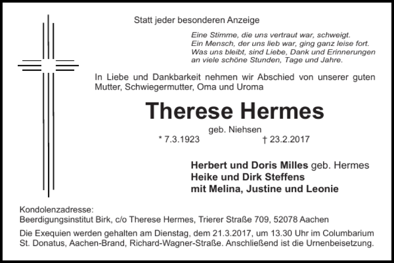 Traueranzeigen von Therese Hermes | Aachen gedenkt