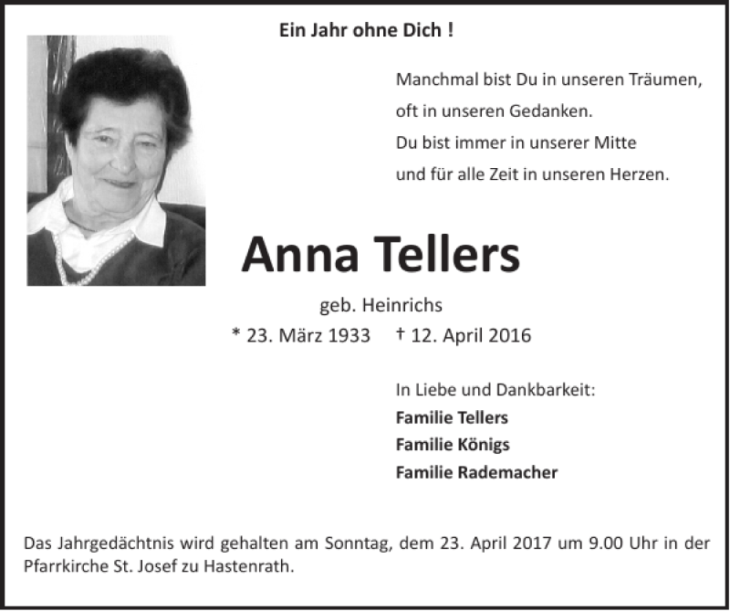 Traueranzeigen von Anna Tellers | Aachen gedenkt