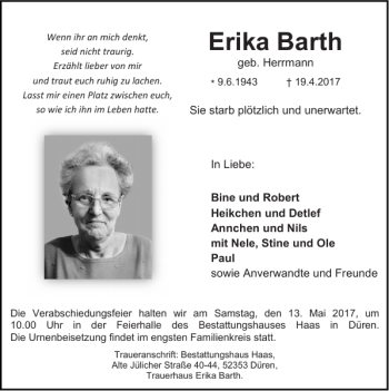 Traueranzeigen von Erika Barth | Aachen gedenkt