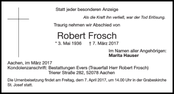 Traueranzeigen von Robert Frosch | Aachen gedenkt