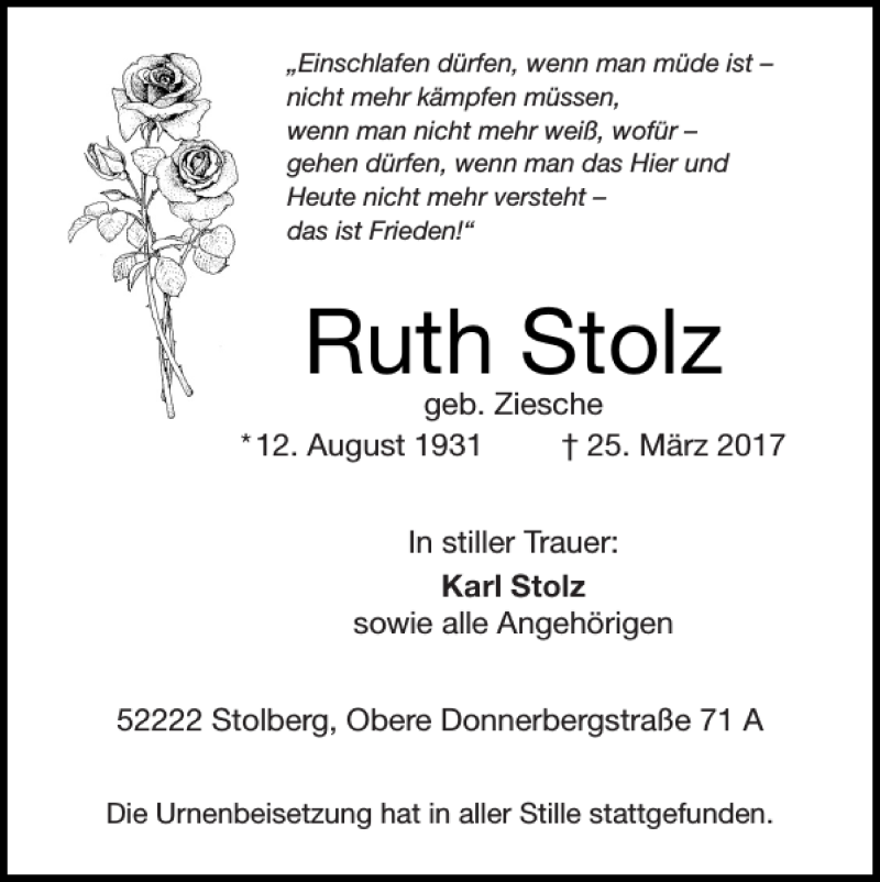 Traueranzeigen von Ruth Stolz | Aachen gedenkt