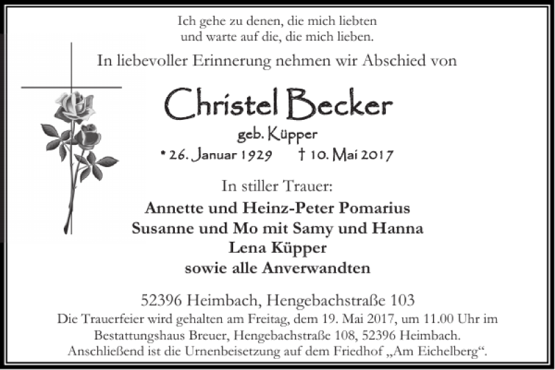 Traueranzeigen von Christel Becker | Aachen gedenkt