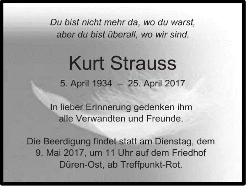 Traueranzeigen von Kurt Strauss | Aachen gedenkt
