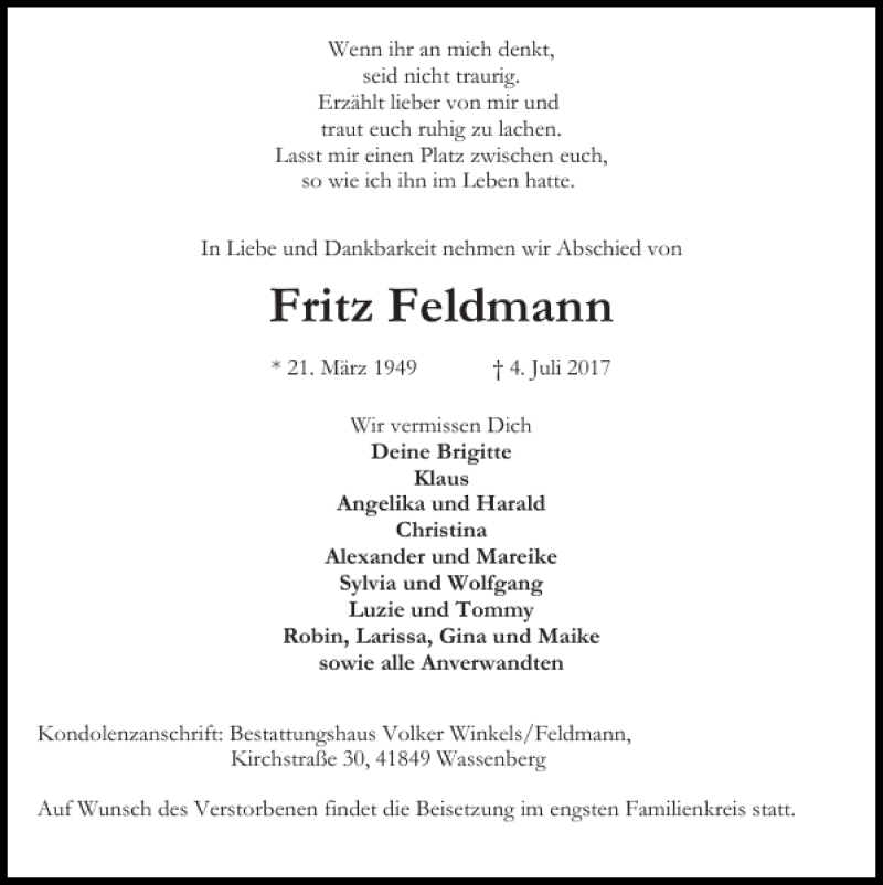 Traueranzeigen von Fritz Feldmann | Aachen gedenkt