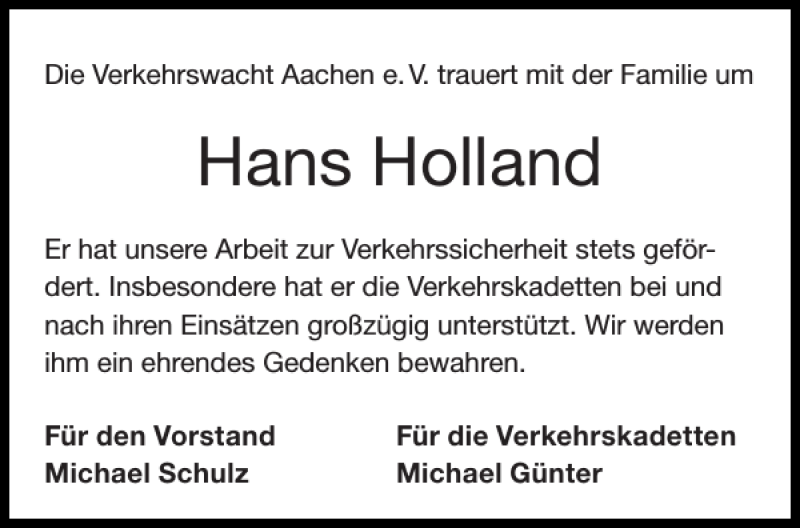 Traueranzeigen von Hans Holland | Aachen gedenkt