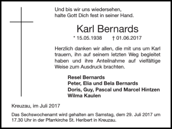 Traueranzeigen von Karl Bernards | Aachen gedenkt