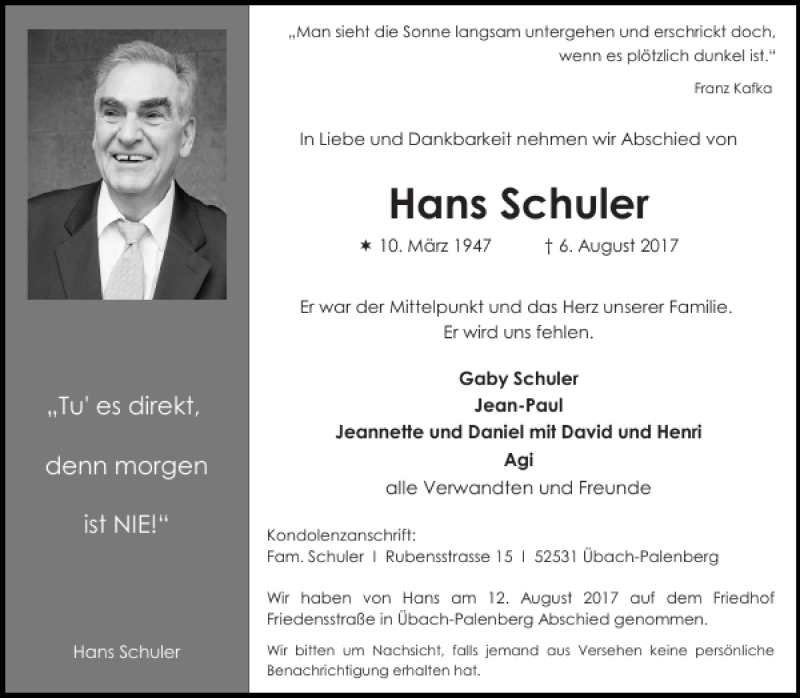 Traueranzeigen von Hans Schuler | Aachen gedenkt
