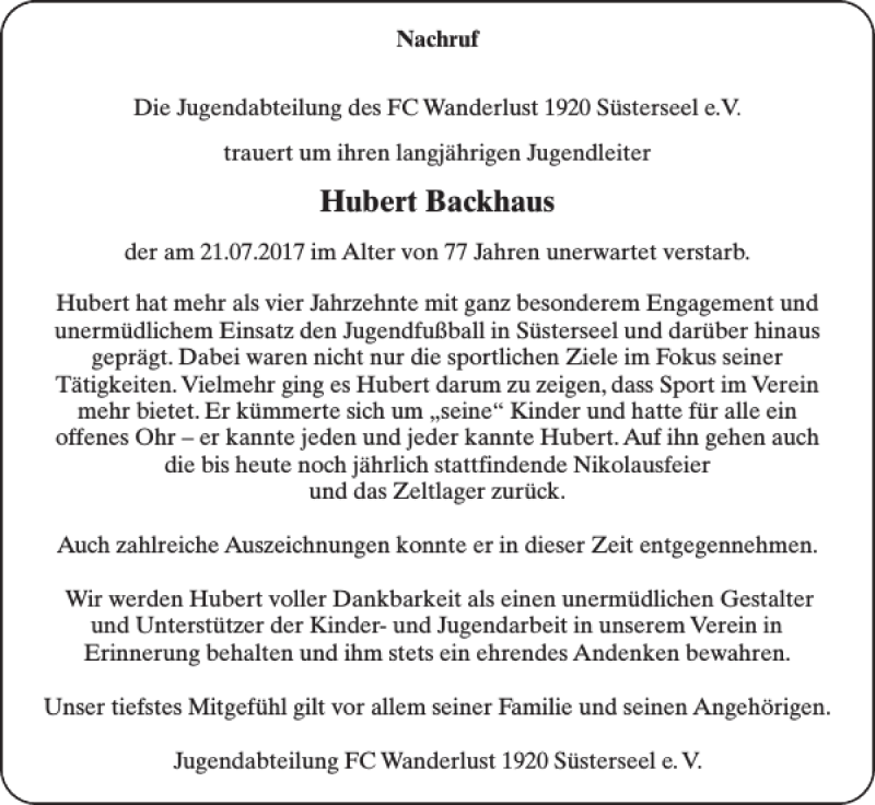 Traueranzeigen von Hubert Backhaus | Aachen gedenkt