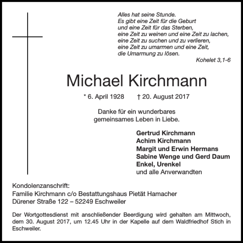 Traueranzeigen von Michael Kirchmann | Aachen gedenkt