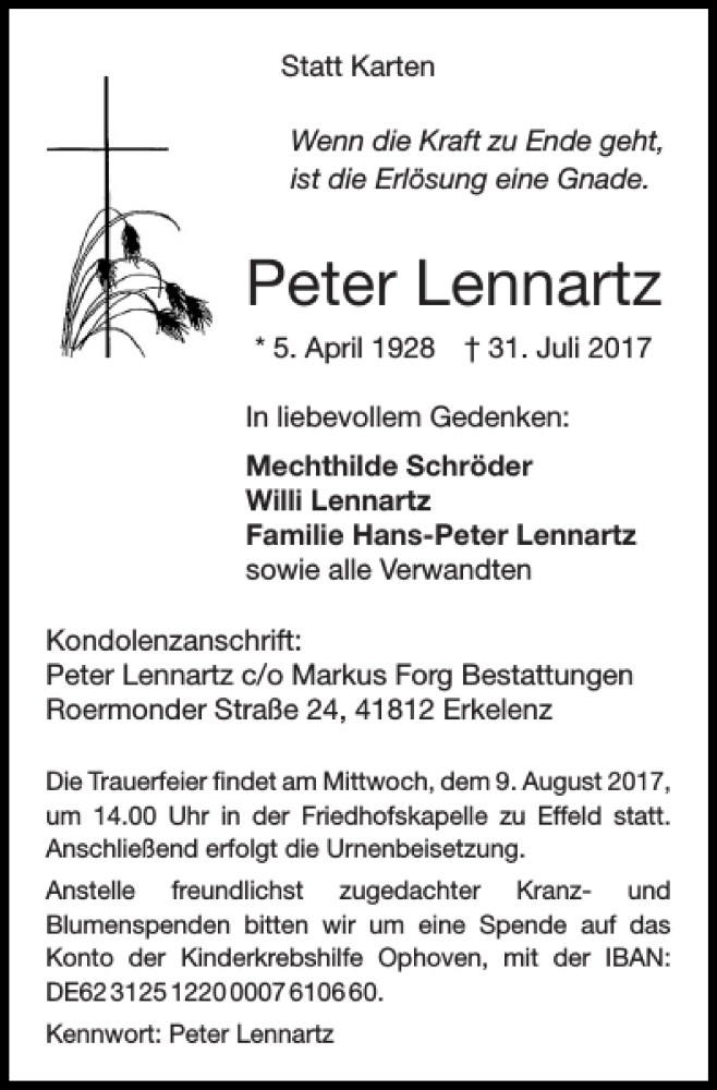 Traueranzeigen von Peter Lennartz | Aachen gedenkt