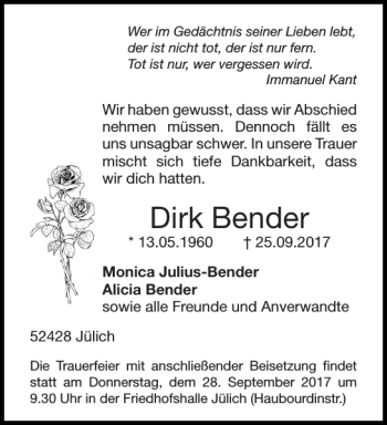 Traueranzeigen von Dirk Bender | Aachen gedenkt