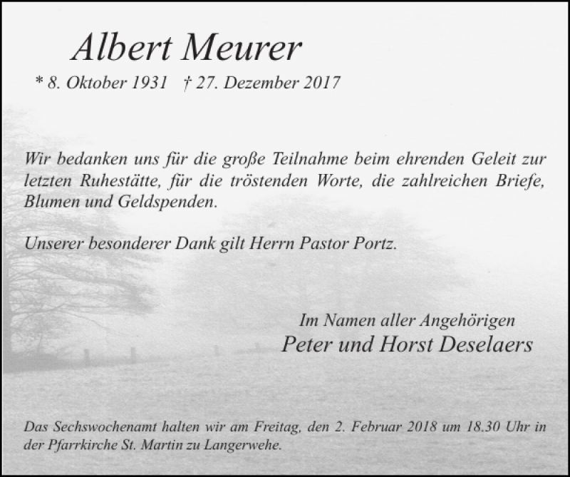 Traueranzeigen von Albert Meurer | Aachen gedenkt