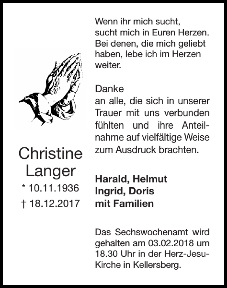 Traueranzeigen von Christine Langer | Aachen gedenkt