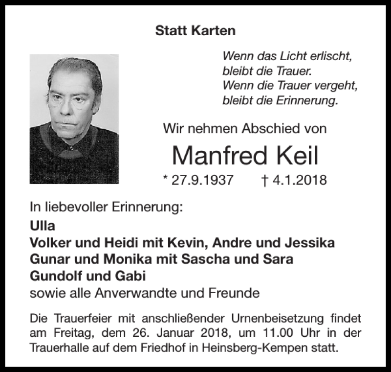 Traueranzeigen von Manfred Keil | Aachen gedenkt