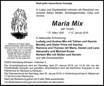 Traueranzeigen von Maria Mix | Aachen gedenkt