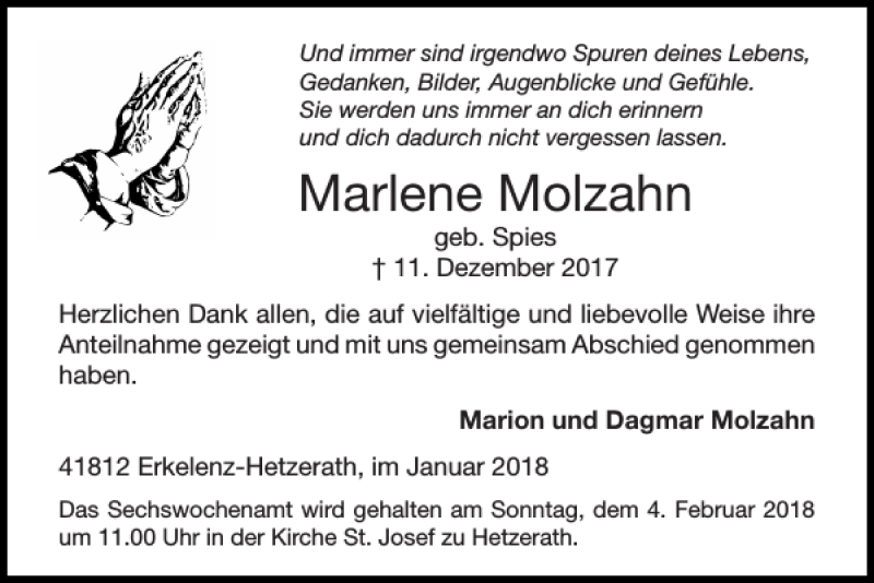 Traueranzeigen von Marlene Molzahn | Aachen gedenkt Traueranzeigen von Marlene Molzahn | Aachen gedenkt