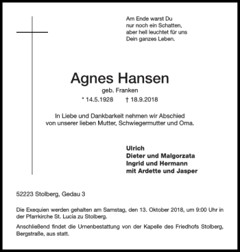 Traueranzeigen von Agnes Hansen | Aachen gedenkt