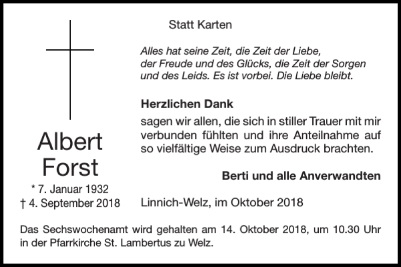 Traueranzeigen von Albert Forst | Aachen gedenkt Traueranzeigen von Albert Forst | Aachen gedenkt