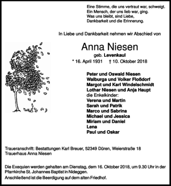 Traueranzeigen von Anna Niesen | Aachen gedenkt