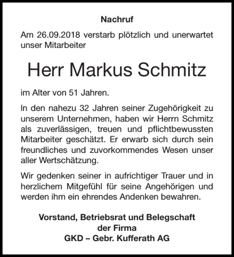 Traueranzeigen von Markus Schmitz | Aachen gedenkt Traueranzeigen von Markus Schmitz | Aachen gedenkt