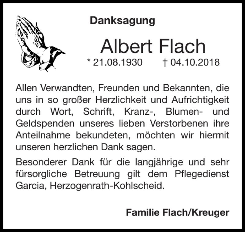 Traueranzeigen von Albert Flach | Aachen gedenkt Traueranzeigen von Albert Flach | Aachen gedenkt