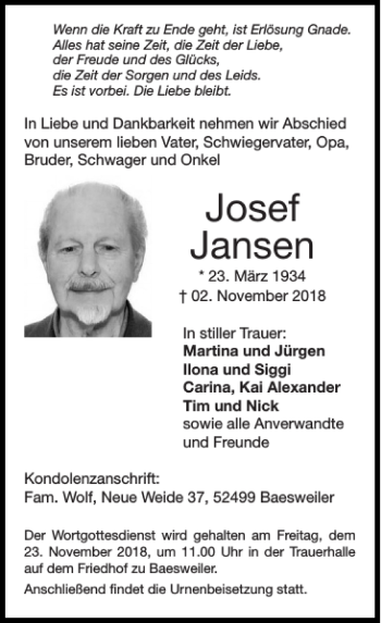 Traueranzeigen von Josef Jansen | Aachen gedenkt