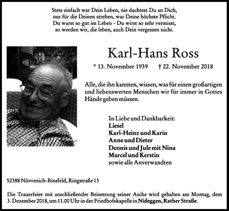 Traueranzeigen von Karl-Hans Ross | Aachen gedenkt
