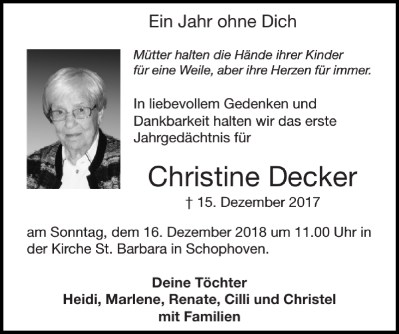 Traueranzeigen von Christine Decker | Aachen gedenkt