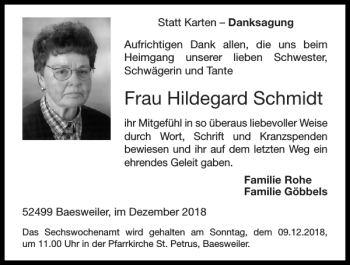 Traueranzeigen von Frau Hildegard Schmidt | Aachen gedenkt
