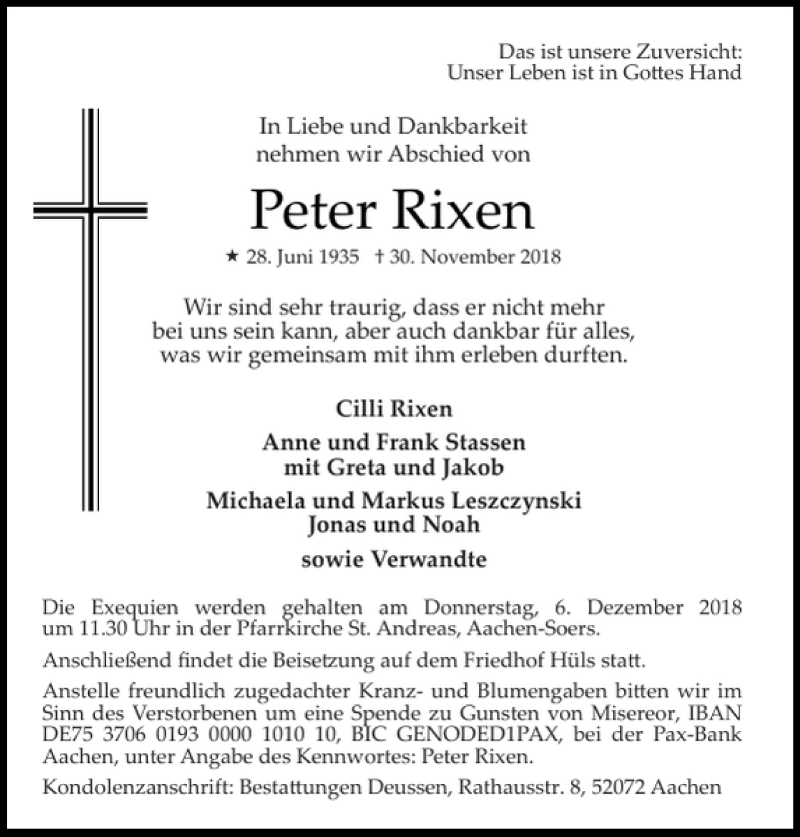 Traueranzeigen von Peter Rixen | Aachen gedenkt