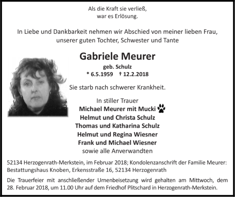 Traueranzeigen von Gabriele Meurer | Aachen gedenkt Traueranzeigen von Gabriele Meurer | Aachen gedenkt