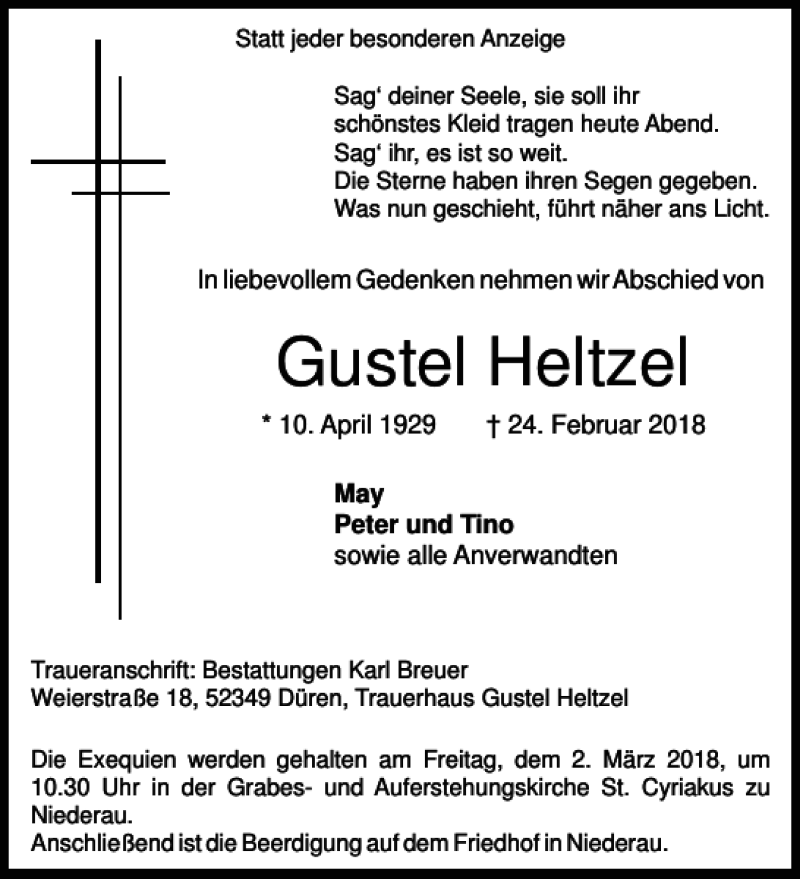 Traueranzeigen von Gustel Heltzel | Aachen gedenkt