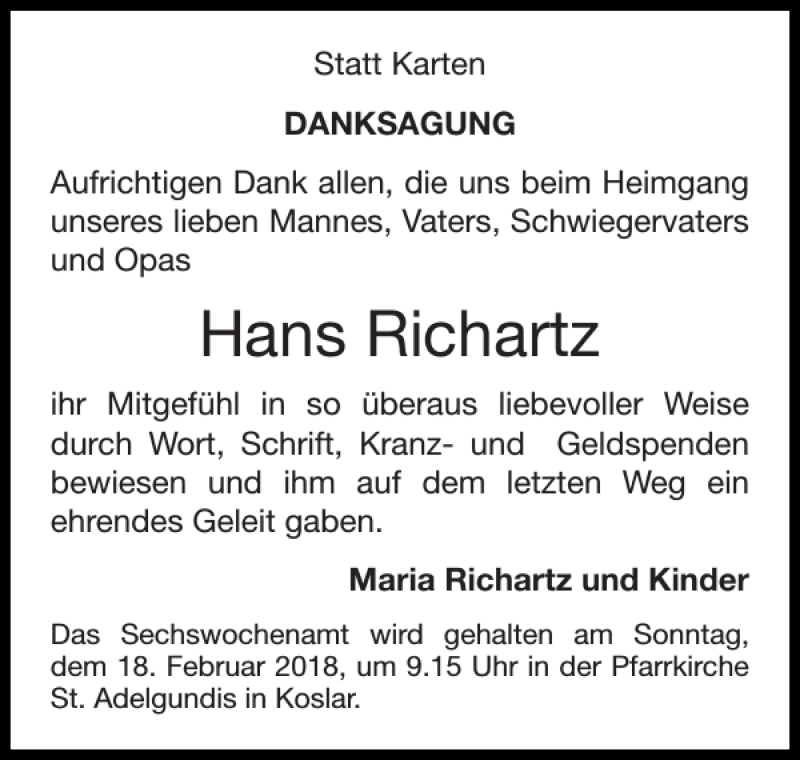 Traueranzeigen von Hans Richartz | Aachen gedenkt