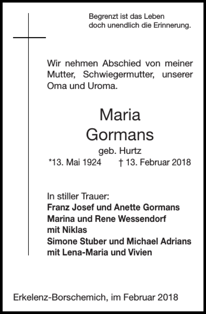 Traueranzeigen von Maria Gormans | Aachen gedenkt