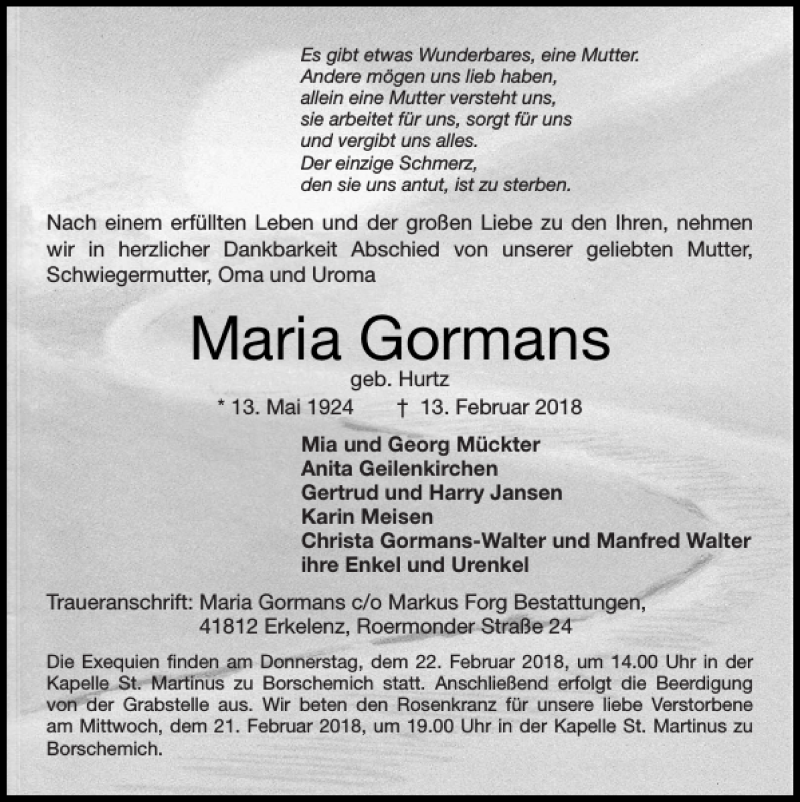 Traueranzeigen von Maria Gormans | Aachen gedenkt