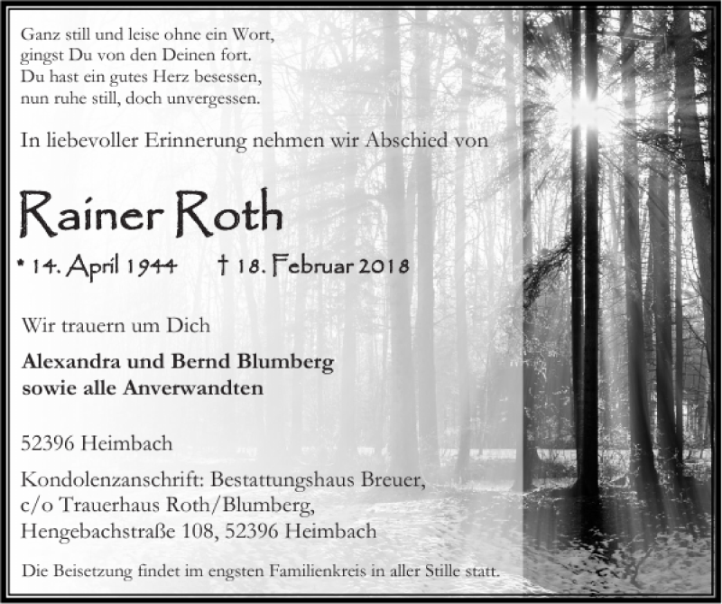 Traueranzeigen von Rainer Roth | Aachen gedenkt