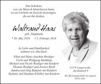 Traueranzeigen von Waltraud Haas | Aachen gedenkt