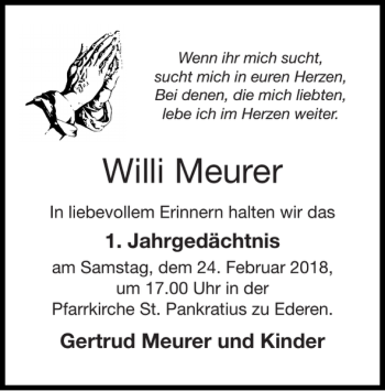 Traueranzeigen von Willi Meurer | Aachen gedenkt