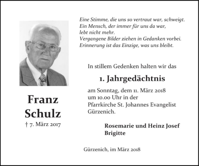 Traueranzeigen von Franz Schulz | Aachen gedenkt