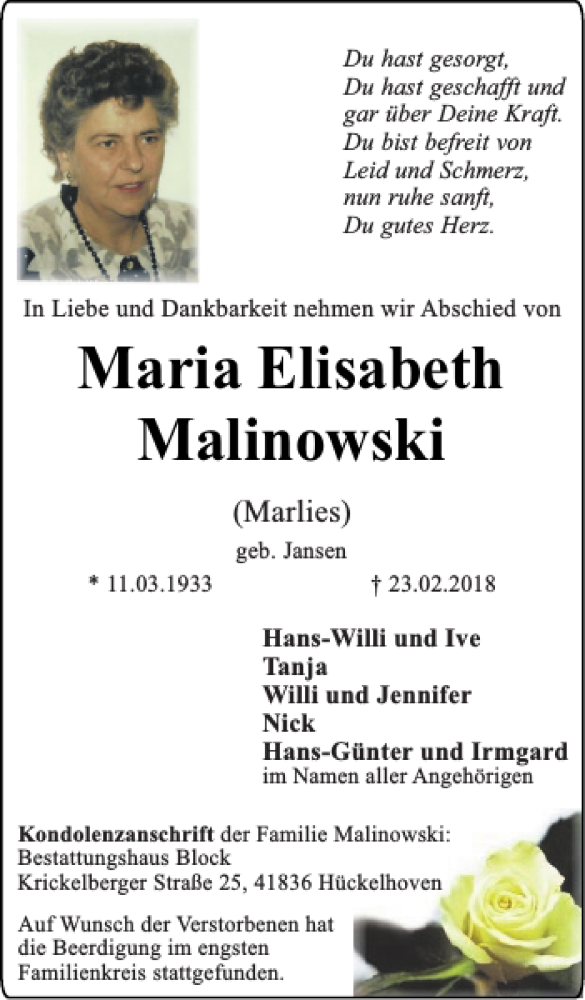 Traueranzeigen von Maria Elisabeth Malinowski | Aachen gedenkt