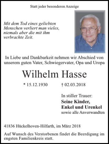 Traueranzeigen von Wilhelm Hasse | Aachen gedenkt