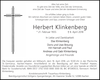 Traueranzeigen von Herbert Klinkenberg | Aachen gedenkt