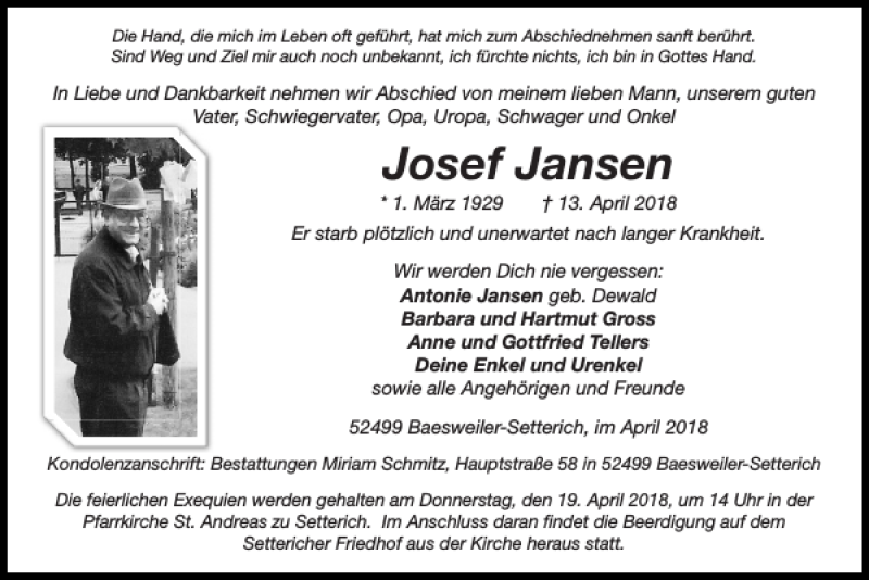 Traueranzeigen von Josef Jansen | Aachen gedenkt