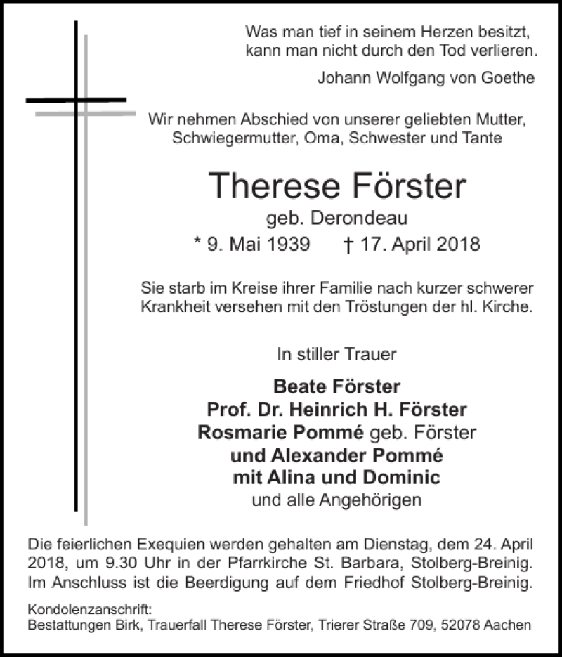 Traueranzeigen von Therese Förster | Aachen gedenkt