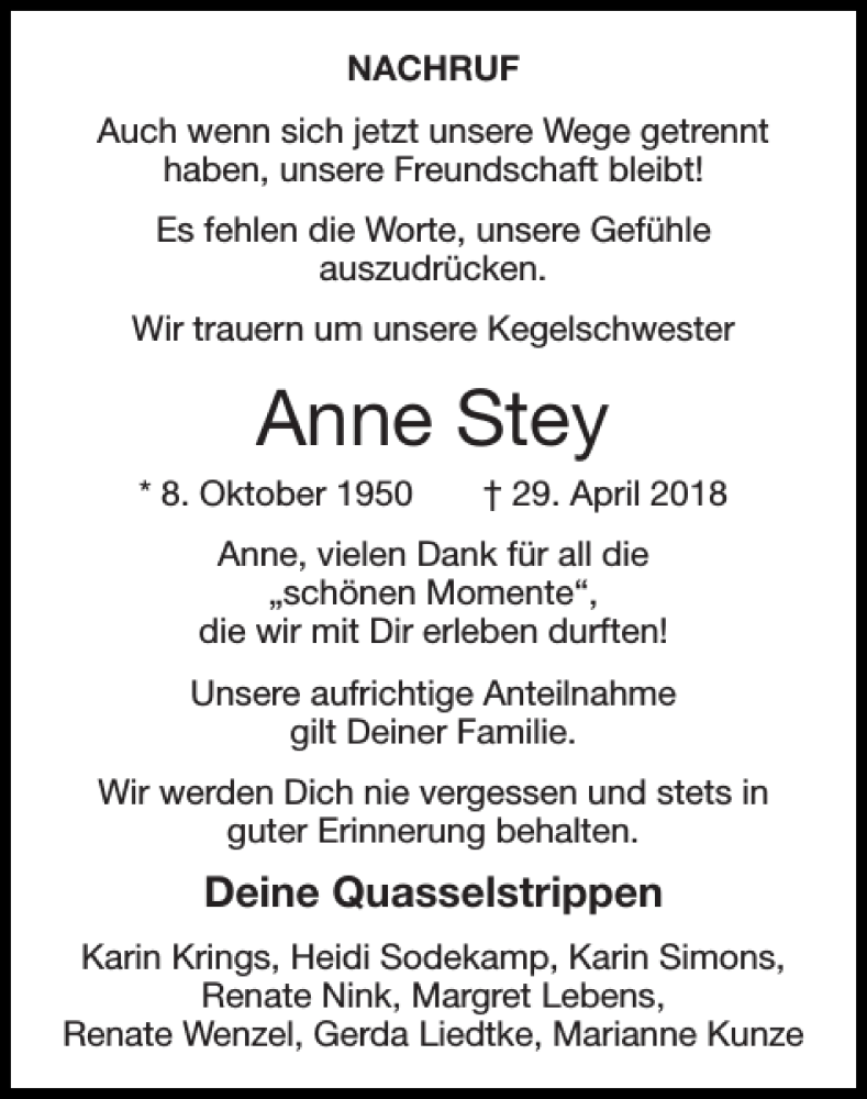 Traueranzeigen von Anne Stey | Aachen gedenkt