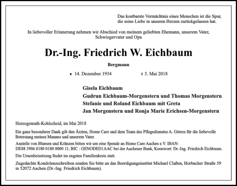 Traueranzeigen von Dr.-Ing. Friedrich W. Eichbaum | Aachen gedenkt