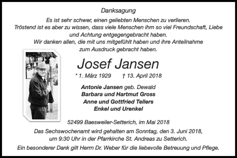 Traueranzeigen von Josef Jansen | Aachen gedenkt