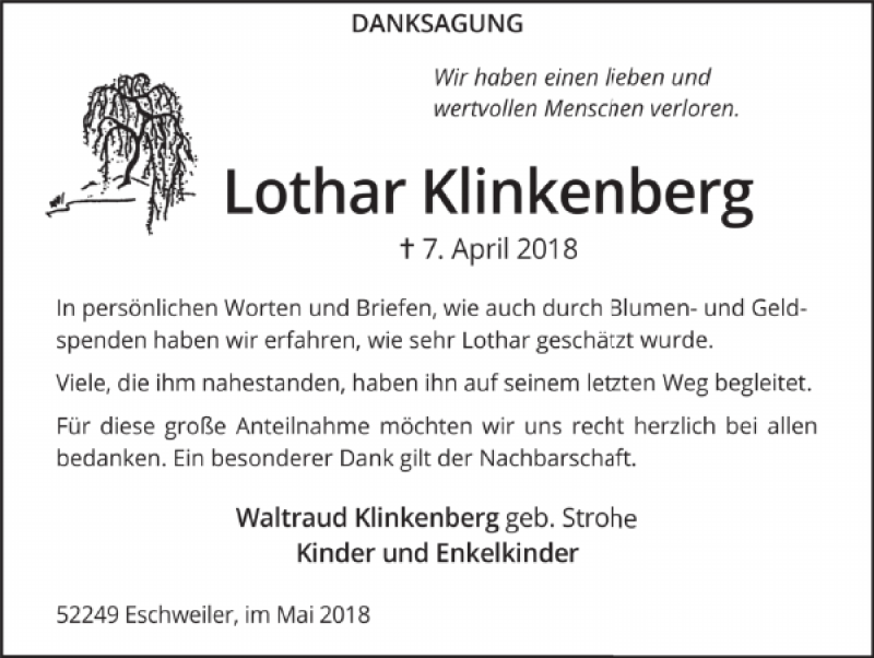 Traueranzeigen von Lothar Klinkenberg | Aachen gedenkt