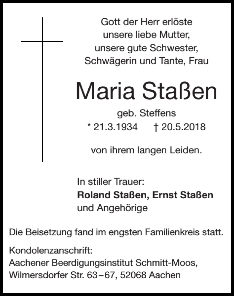 Traueranzeigen von Maria Staßen | Aachen gedenkt