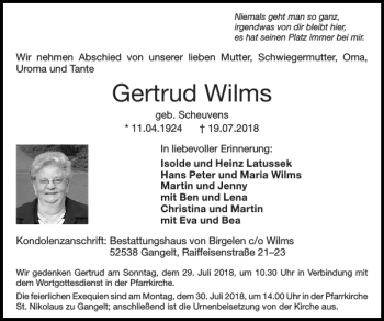 Traueranzeigen von Gertrud Wilms | Aachen gedenkt